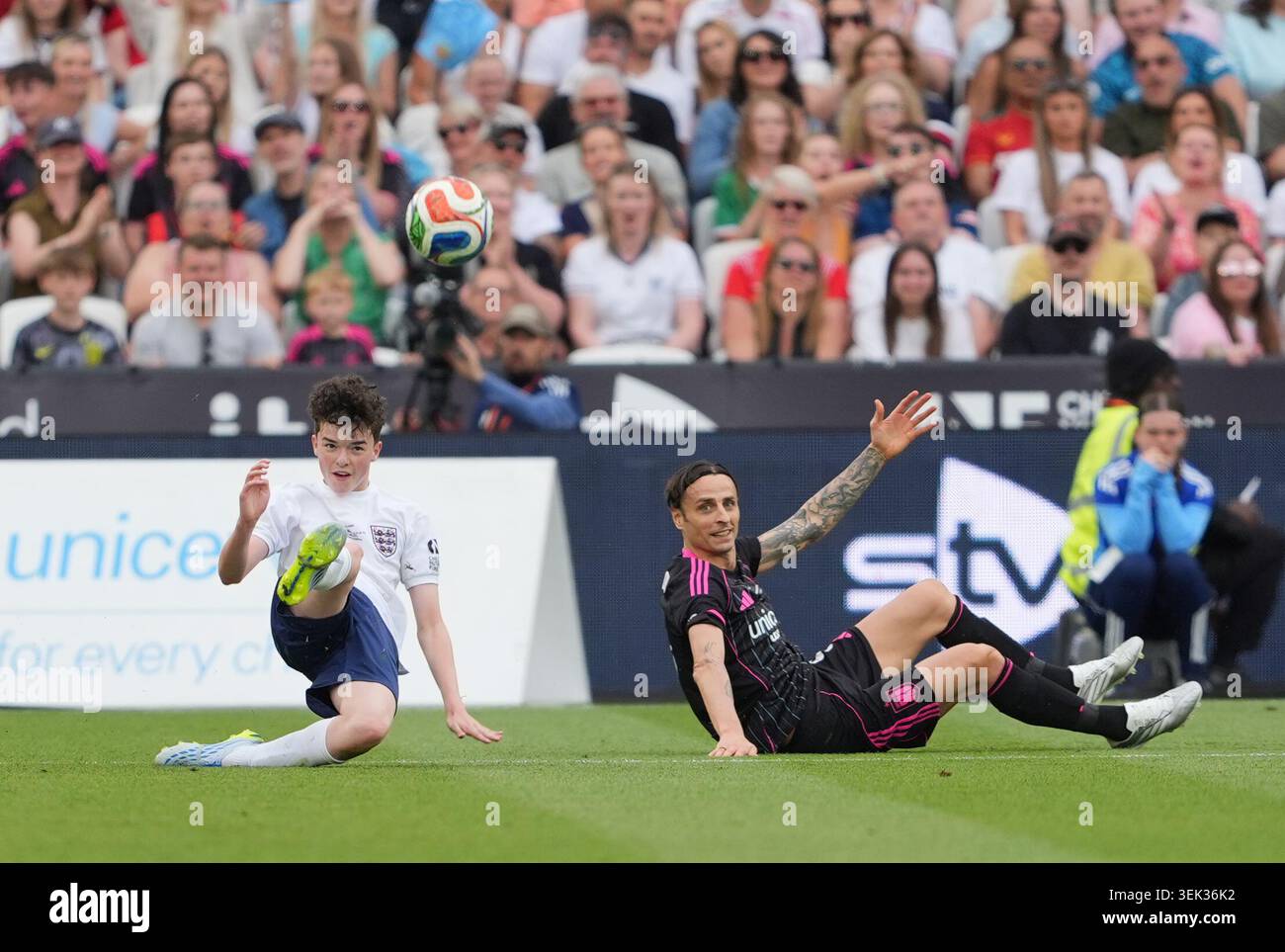 England's Owen Cooper clears the ball during Soccer Aid for UNICEF 2026 ...