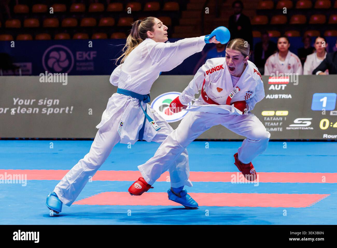 Bronze-Match Team-Kumite Frauen; Kroatien (rot) gegen Österreich (blau ...