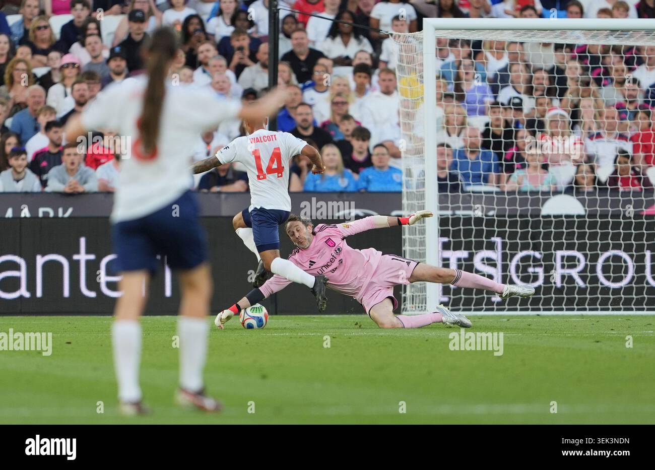 World XI's Chris O'Dowd makes a save during Soccer Aid for UNICEF 2026 ...