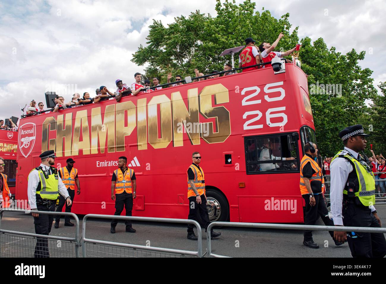 Arsenals Champions League bus on Parade along Drayton Park, Highbury ...