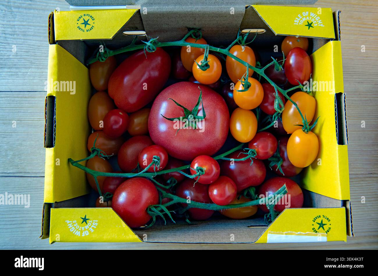 Mixed Isle of White tomatoes, red and yellow in cardboard box, taken ...