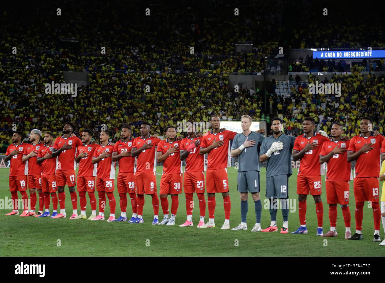 Players of Panama stand during the national anthem prior to a friendly ...