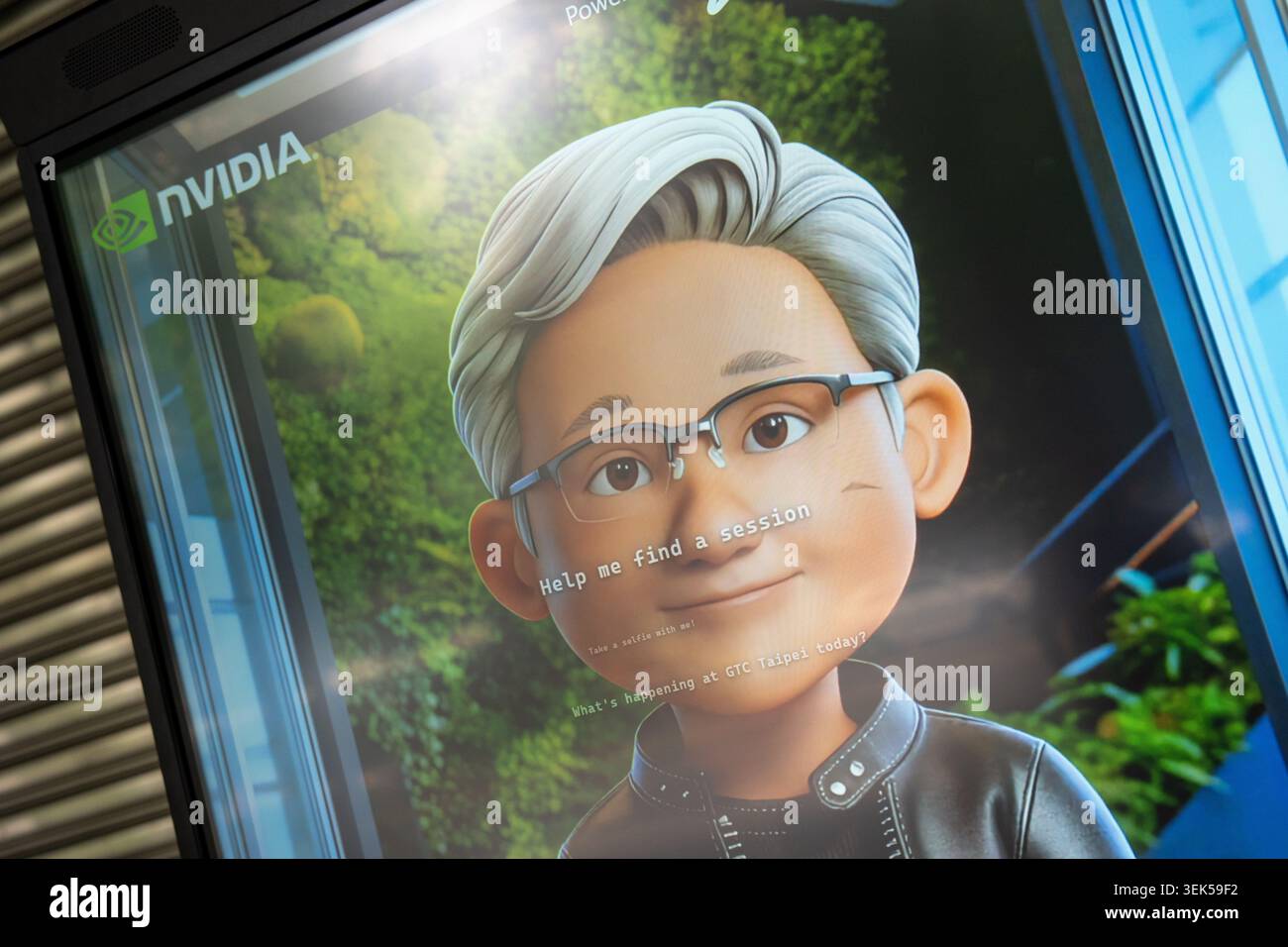 A animated version of Nvidia CEO Jensen Huang on a screen near the ...
