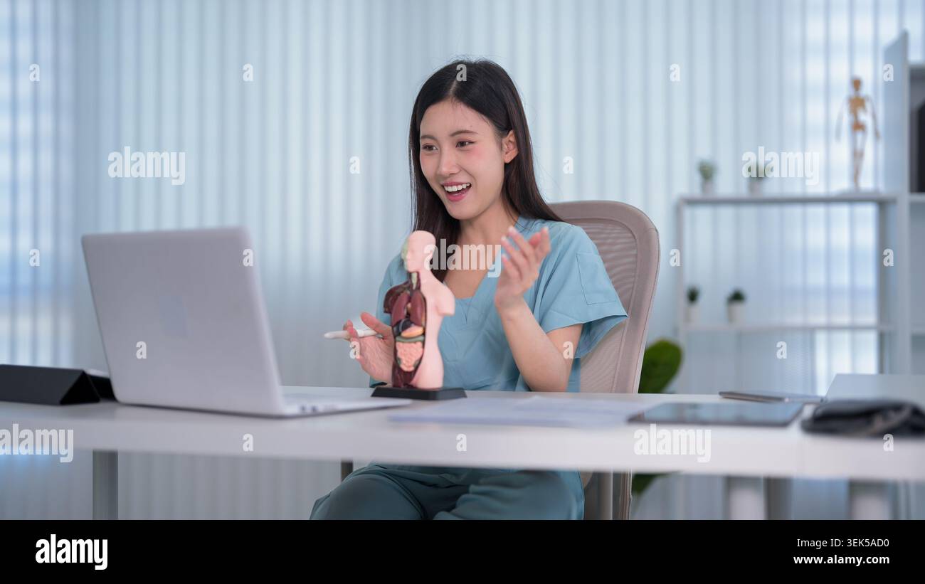 Young Asian female doctor presenting cosmetic product during virtual ...