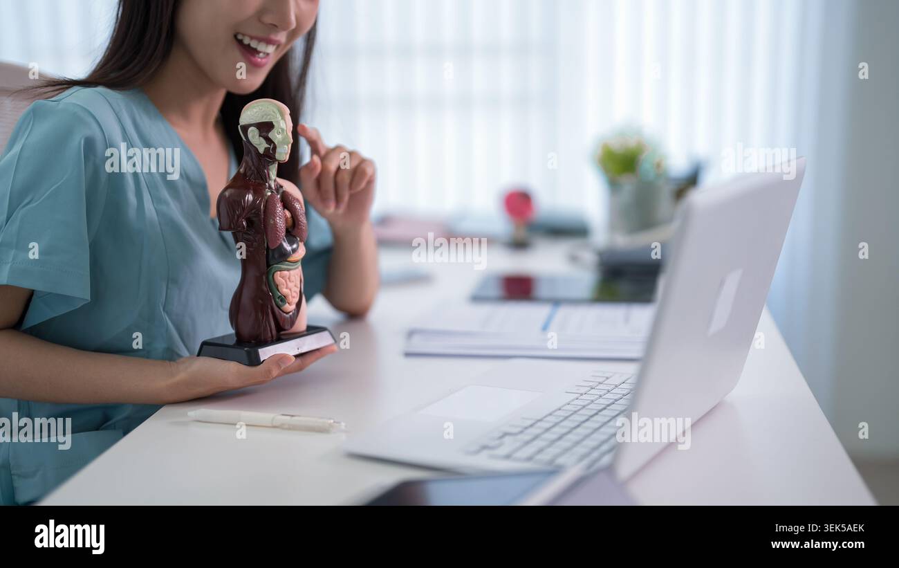 Young Asian woman in medical uniform studying anatomy model with laptop ...