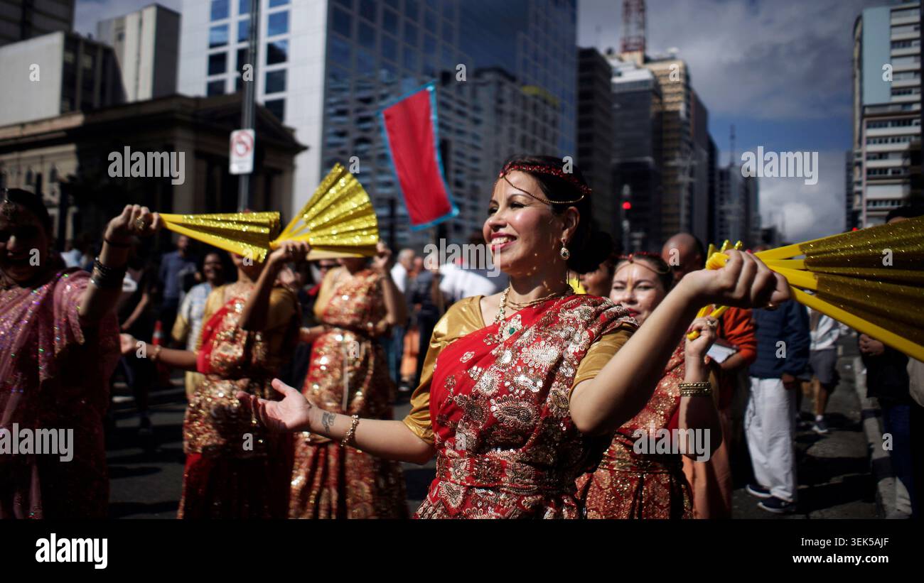 People celebrate the Ratha Yatra festival, in Sao Paulo, Brazil, on May ...