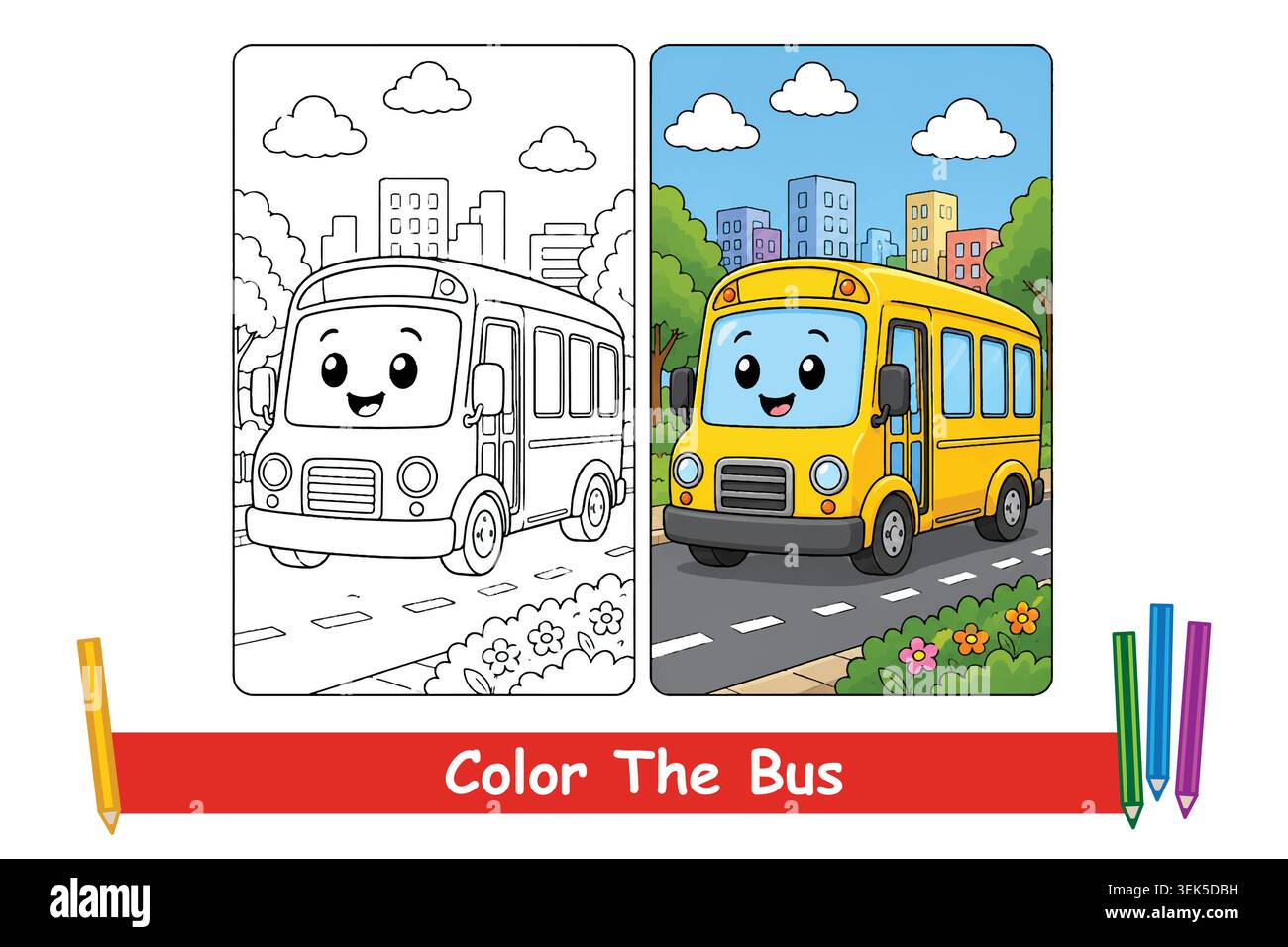 Cute bus coloring page for children featuring simple outlines and ...