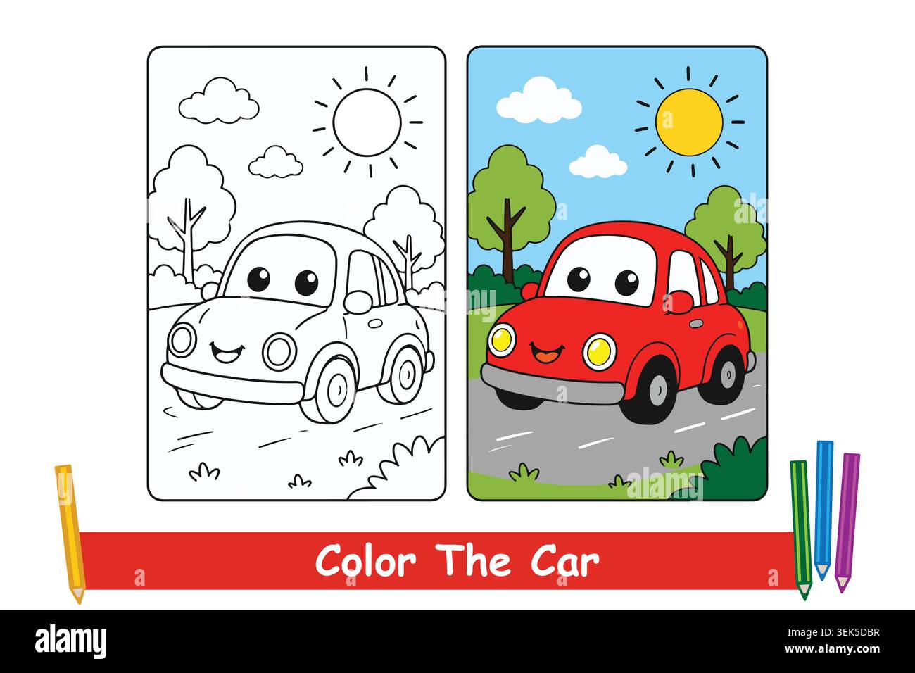 Cute cartoon car coloring page for kids with simple outlines, perfect ...