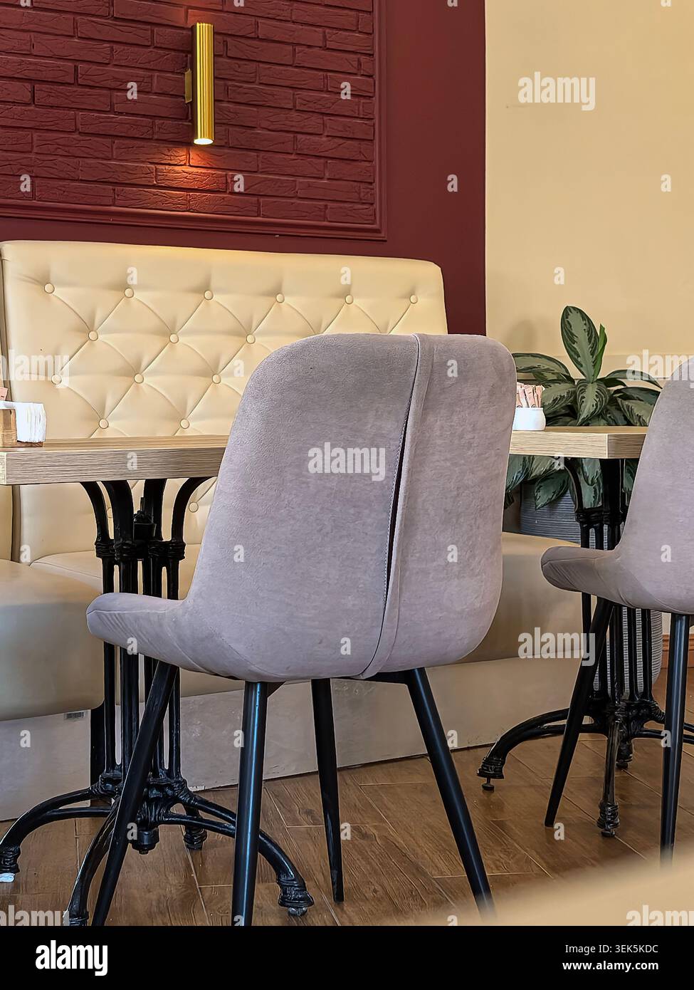 Cozy cafe interior featuring beige cushioned seating and modern ...