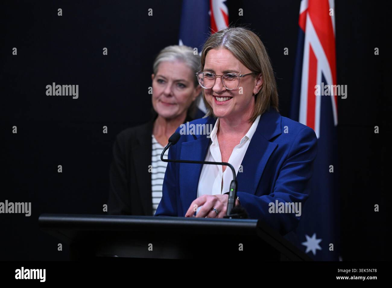 Victorian Premier Jacinta Allan reacts while speaking to media during a ...