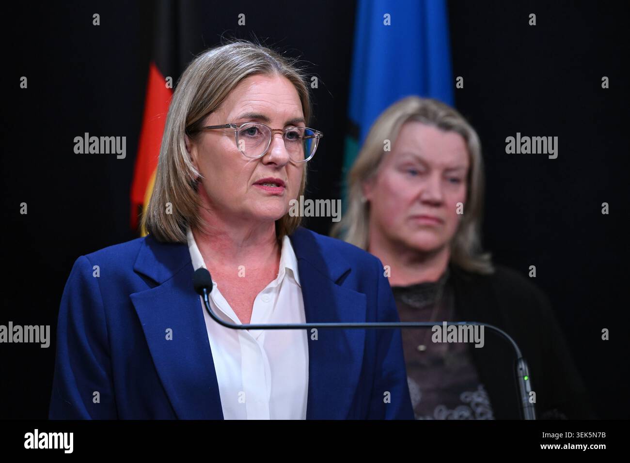 Victorian Premier Jacinta Allan reacts while speaking to media during a ...
