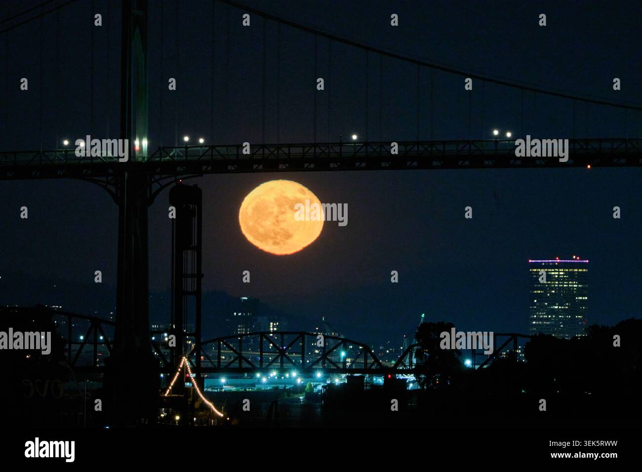 The full moon rises over Portland, Ore., on May 31, 2026. (Photo by ...
