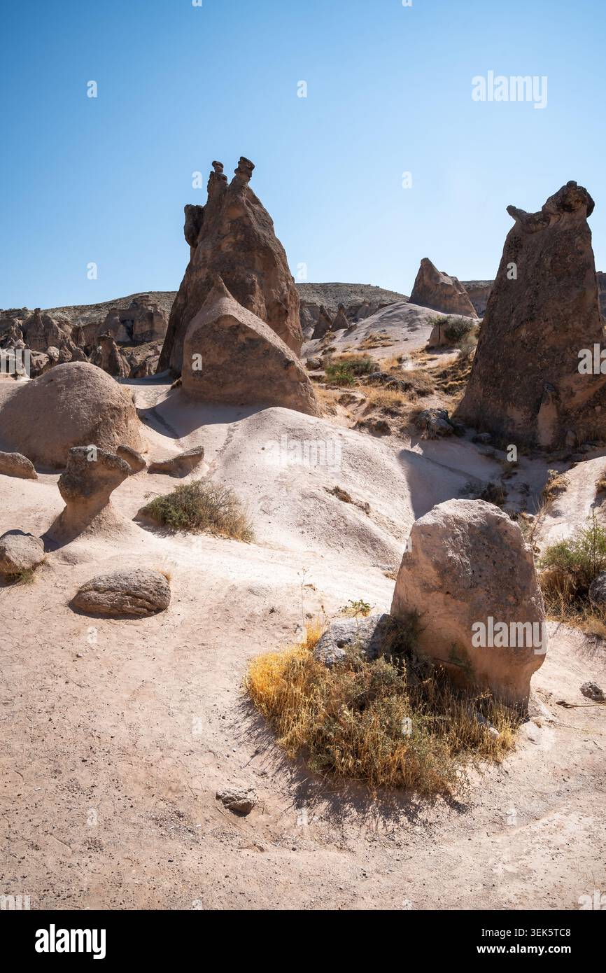 Vertical shot of rock formations and barren landscape in Devrent Valley ...