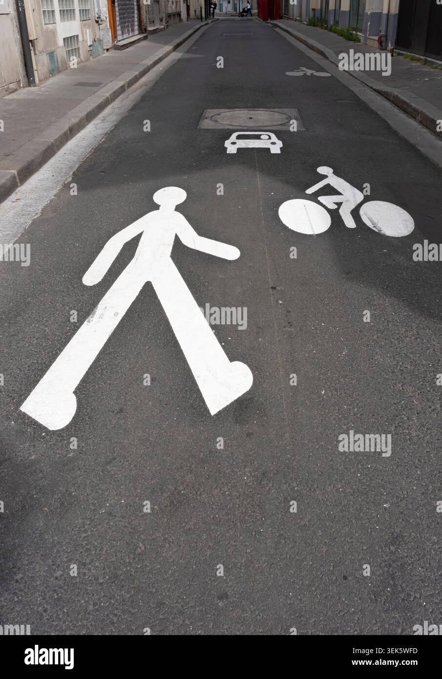 Shared traffic. View of a street road with road markings painting on ...