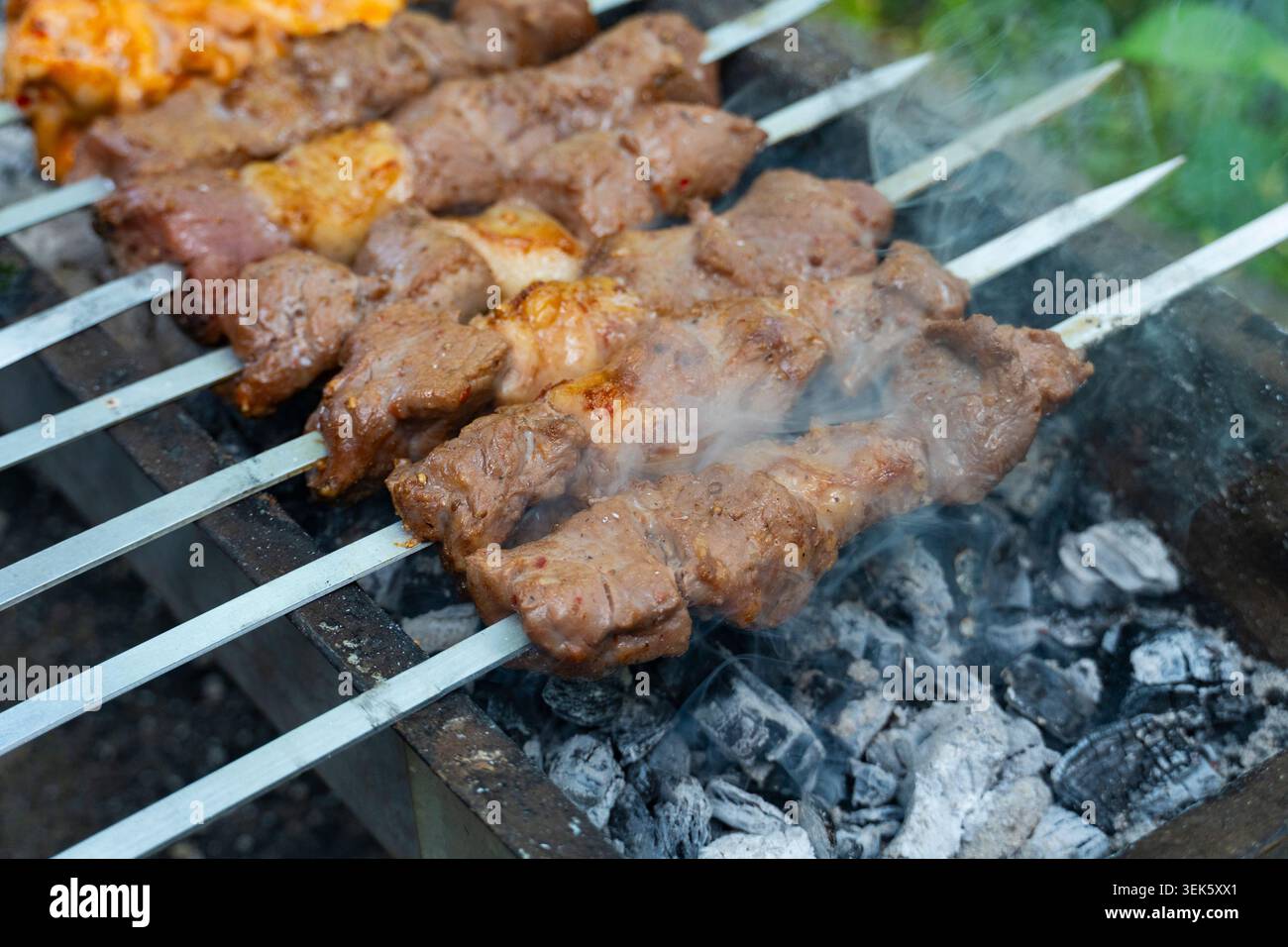 Close-up of marinated meat skewers grilling over hot charcoal, with ...