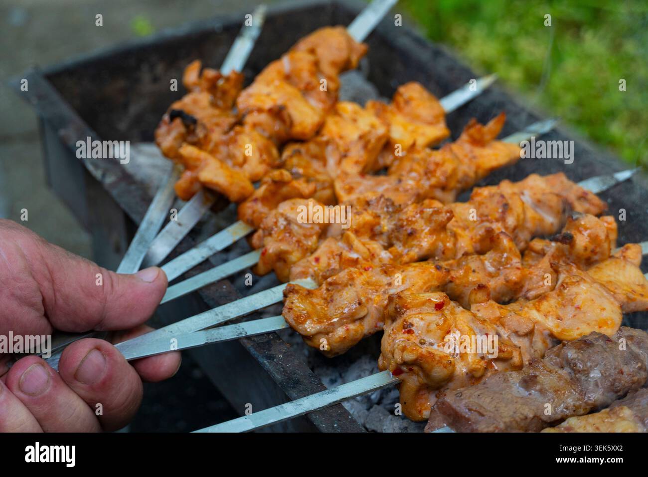 Close-up of marinated meat skewers grilling over hot charcoal, with ...