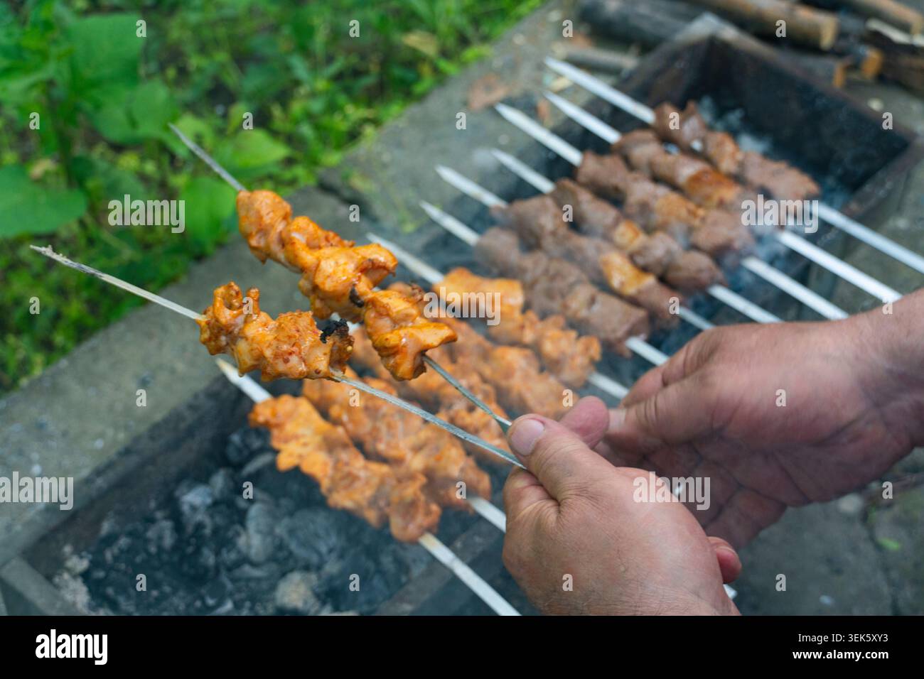 Close-up of marinated meat skewers grilling over hot charcoal, with ...
