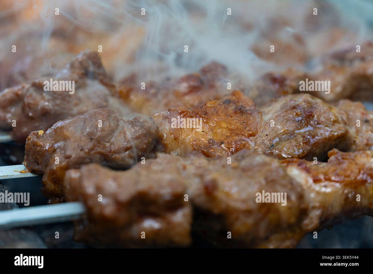 Close-up of marinated meat skewers grilling over hot charcoal, with ...