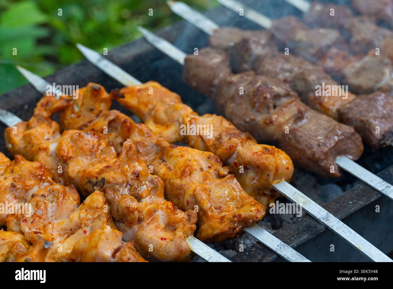Close-up of marinated meat skewers grilling over hot charcoal, with ...