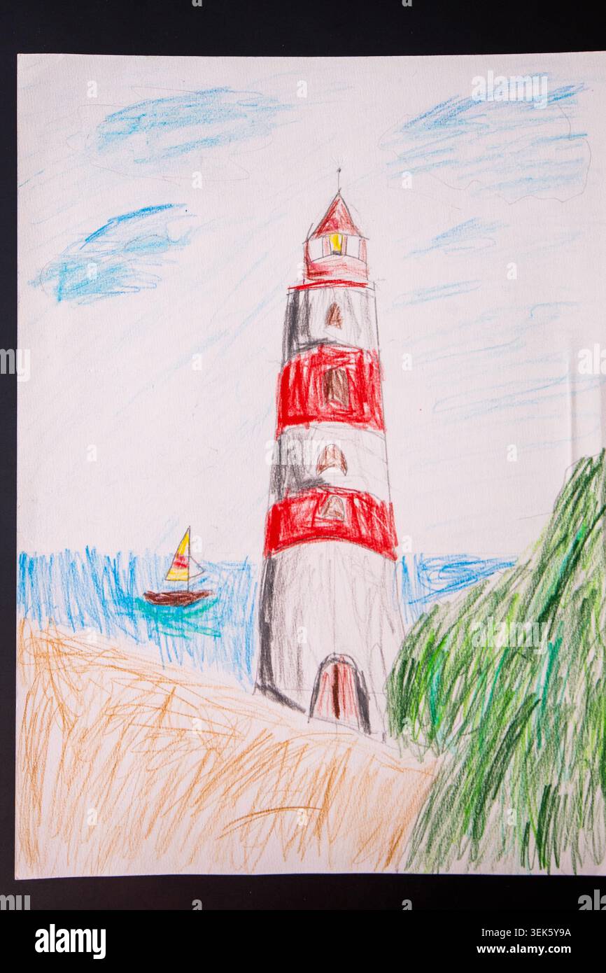 Kids drawing of a striped red and white lighthouse on a sea coast. Cute ...