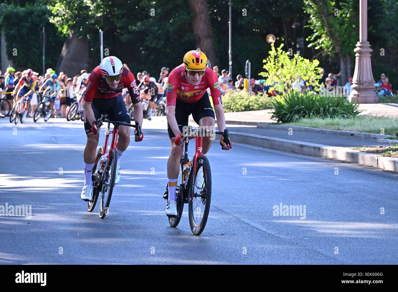 Cyclists in the brackaway leading the peleton competing during the ...