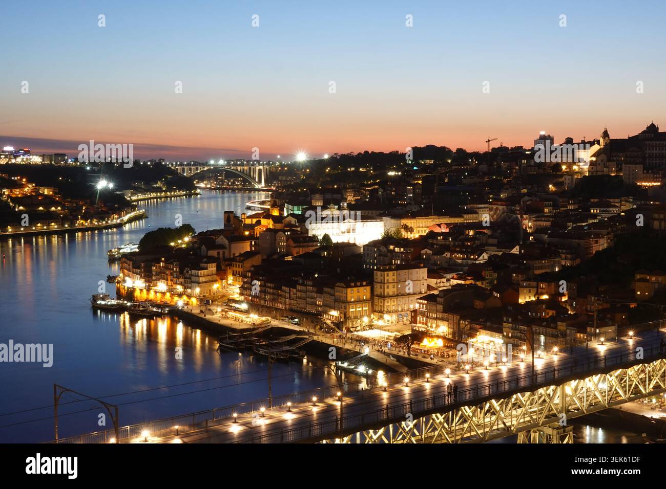 Portugal, Porto, Panoramic night view of Porto city center and the ...