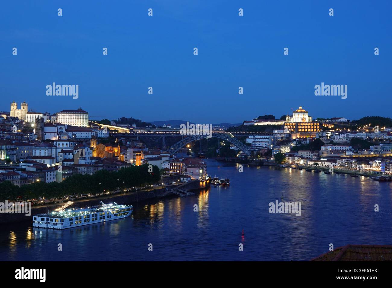 Portugal, Porto, Panoramic night view of Porto city center and the ...