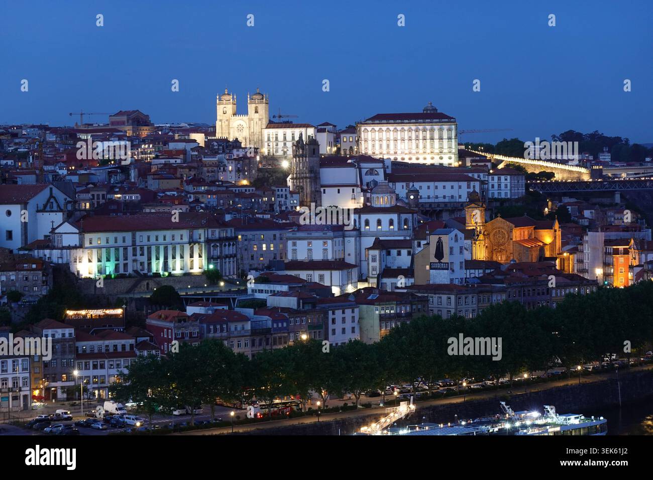 Portugal, Porto, Panoramic night view of Porto city center and the ...