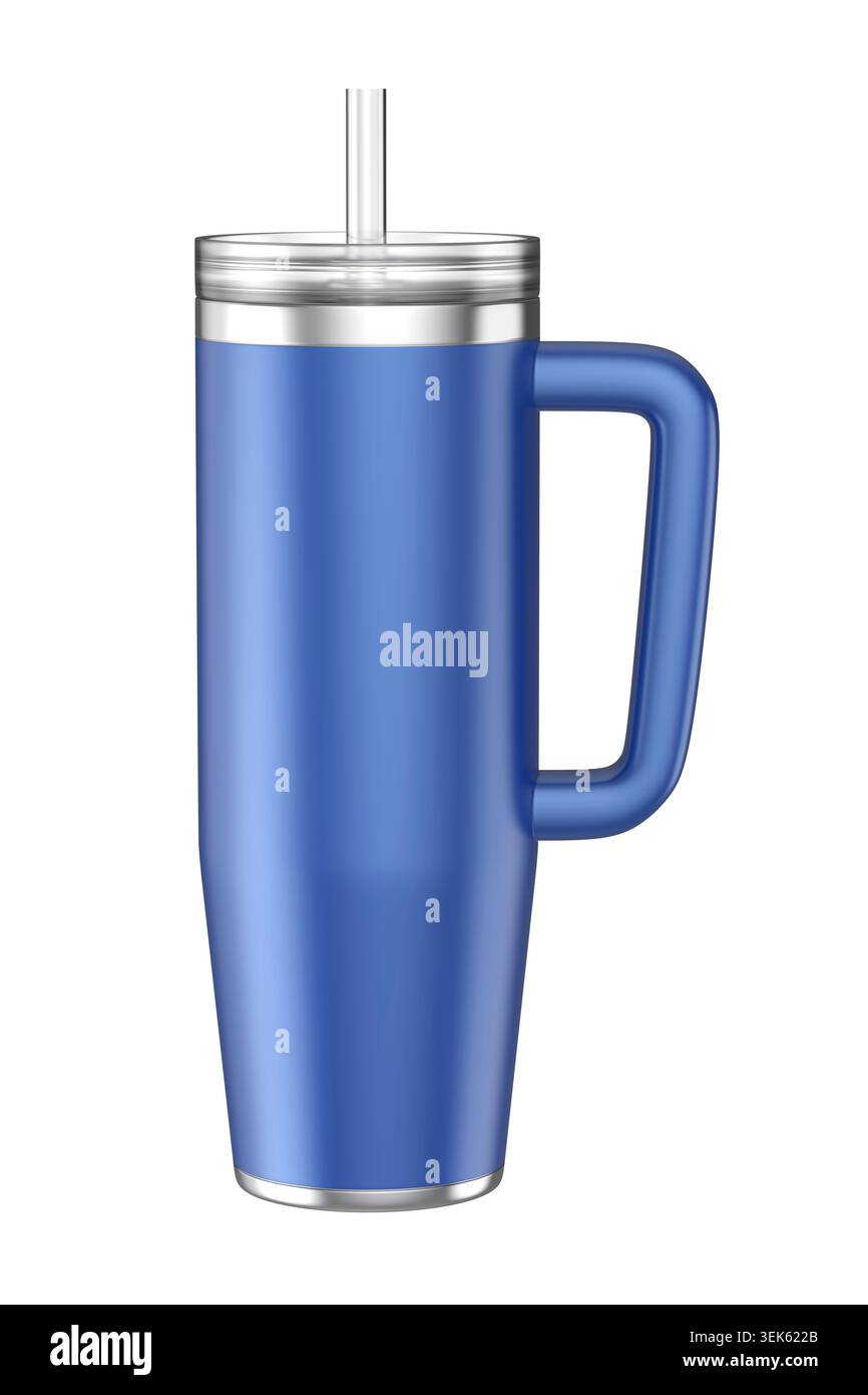 Blue insulated stainless steel tumbler with straw and handle isolated ...