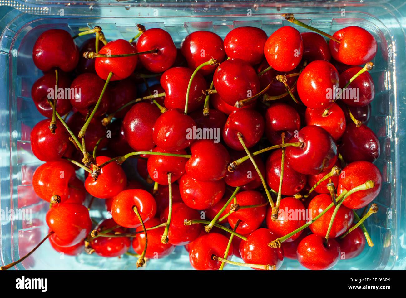 Fresh ripe red cherries in a plastic container, top view. High quality ...