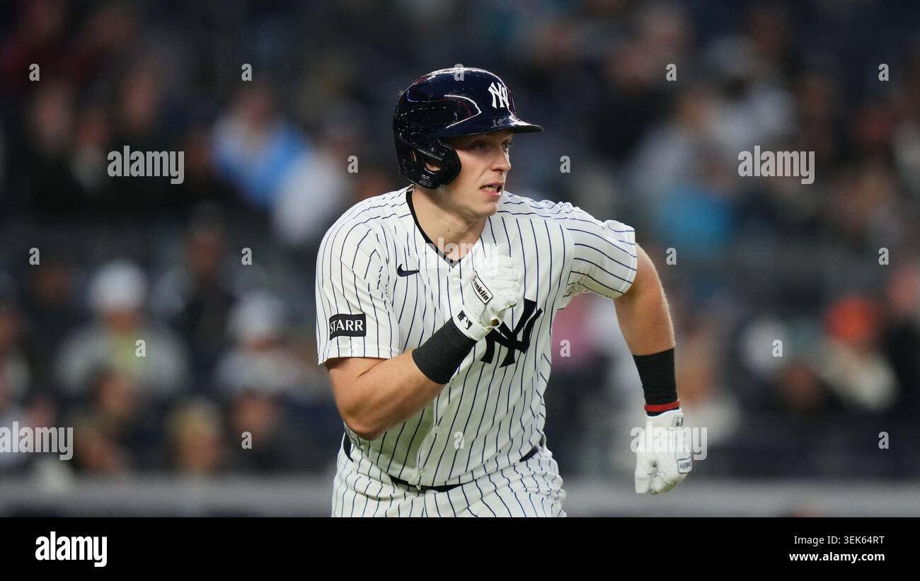 New York Yankees' Ben Rice reacts to a three-run home run he hit during ...