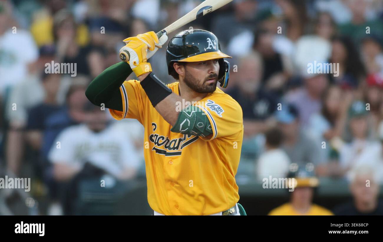 Athletics' Shea Langeliers bats during the third inning of a baseball ...
