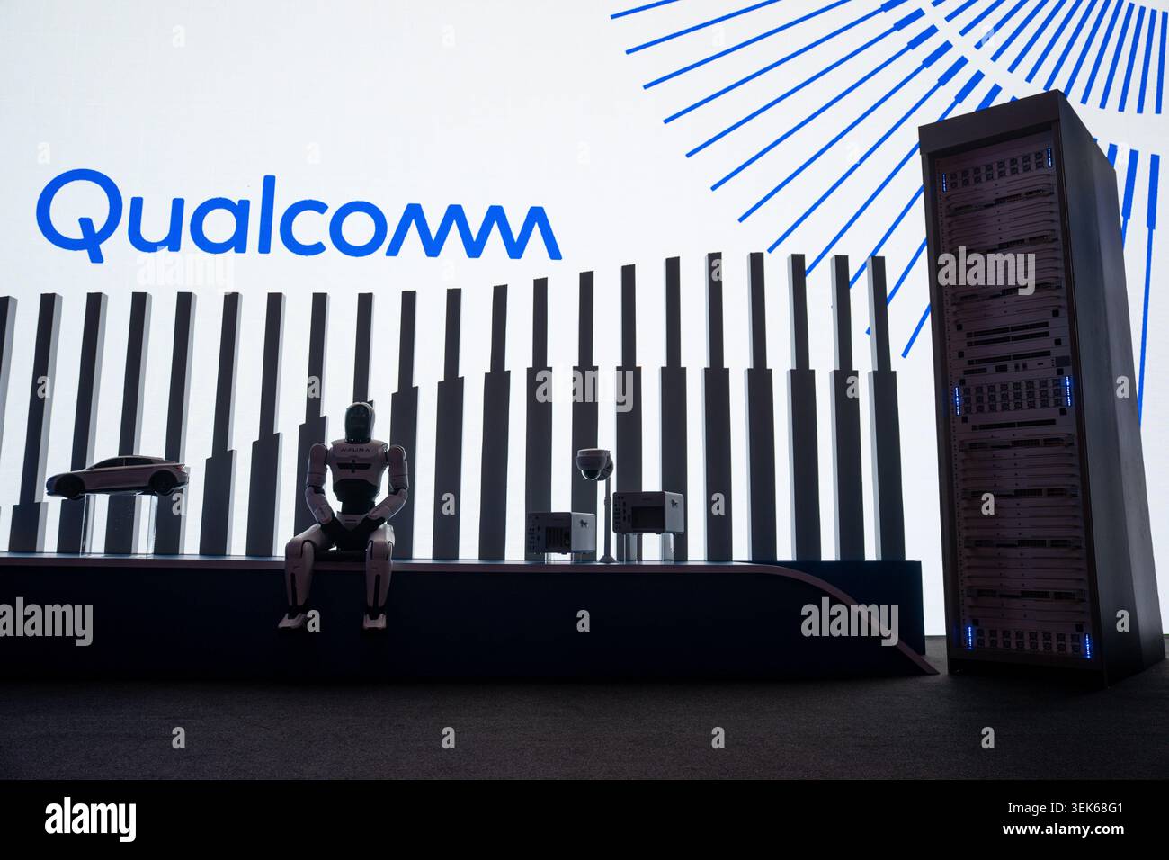 Products and Qualcomm Dragonfly data server on stage during a keynote ...