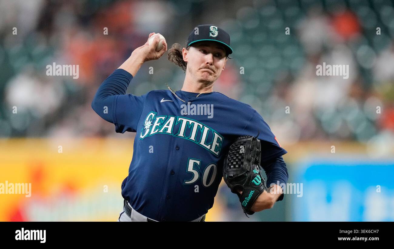 Seattle Mariners starting pitcher Bryce Miller throws during a baseball ...