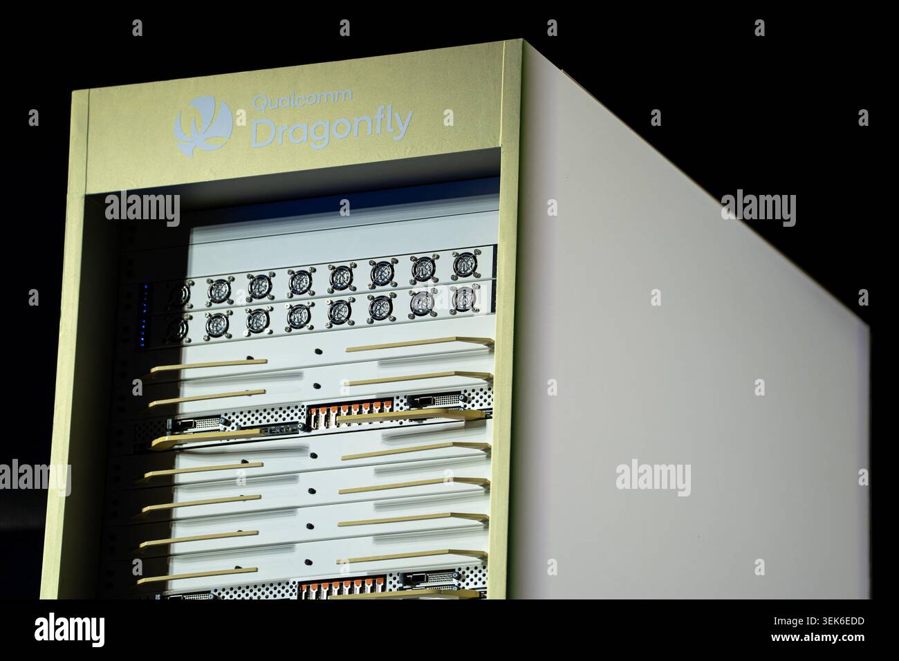 The Qualcomm Dragonfly data server on stage during a keynote by the ...