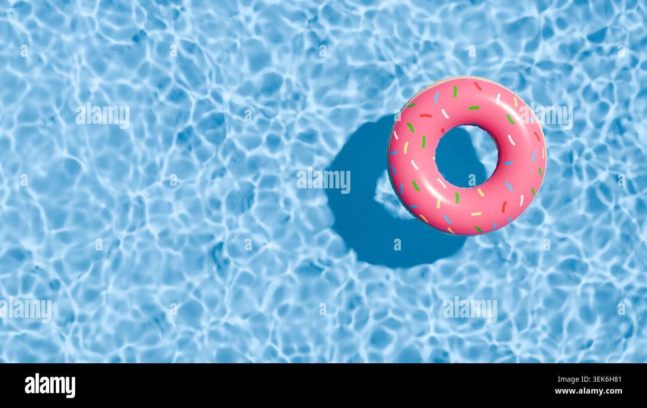 Donut swim ring in the empty clear pool. Swimming pool top view. 3d ...