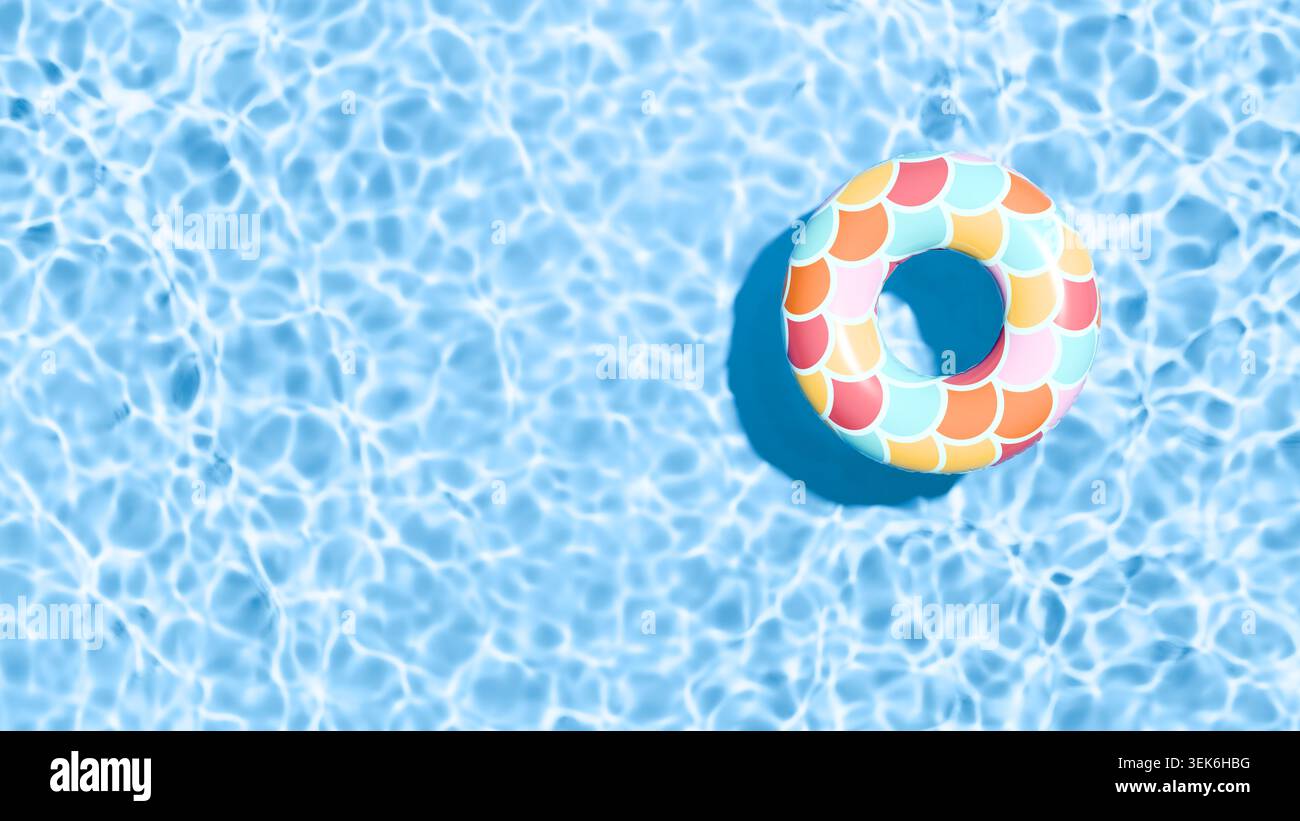 Swim ring with wave pattern in the empty clear pool. Swimming pool top ...