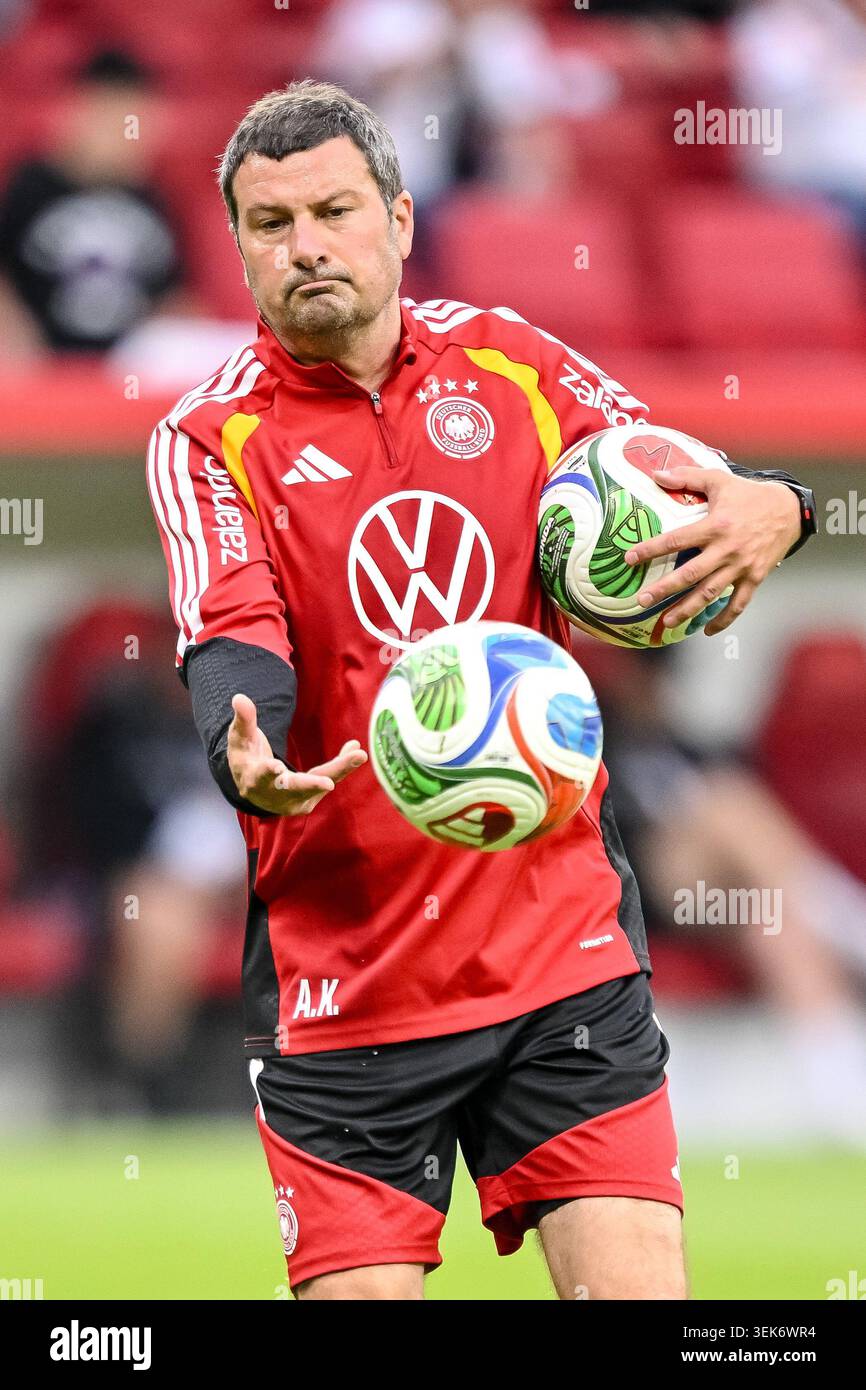 Torwarttrainer Andreas Kronenberg controls the Ball during the ...