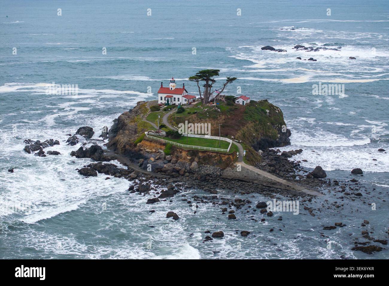 Aerial view of the island lighthouse in Crescent City, California ...