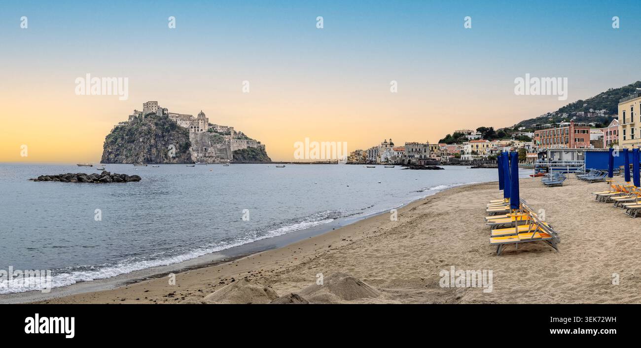 Dramatic panorama of Castle Aragonese and causeway seen from the beach ...