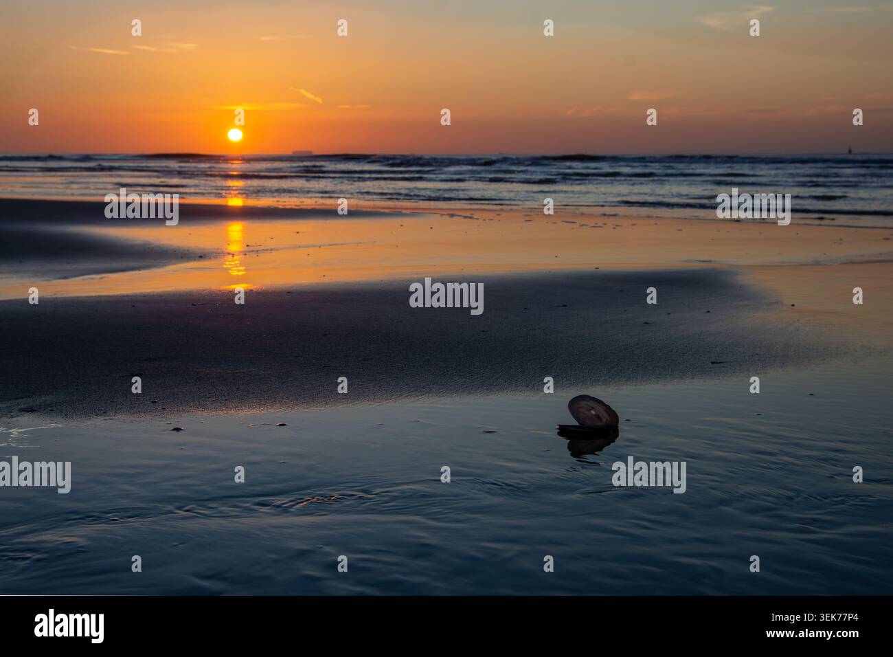 A serene beach scene at dusk with the sun setting over the ocean ...