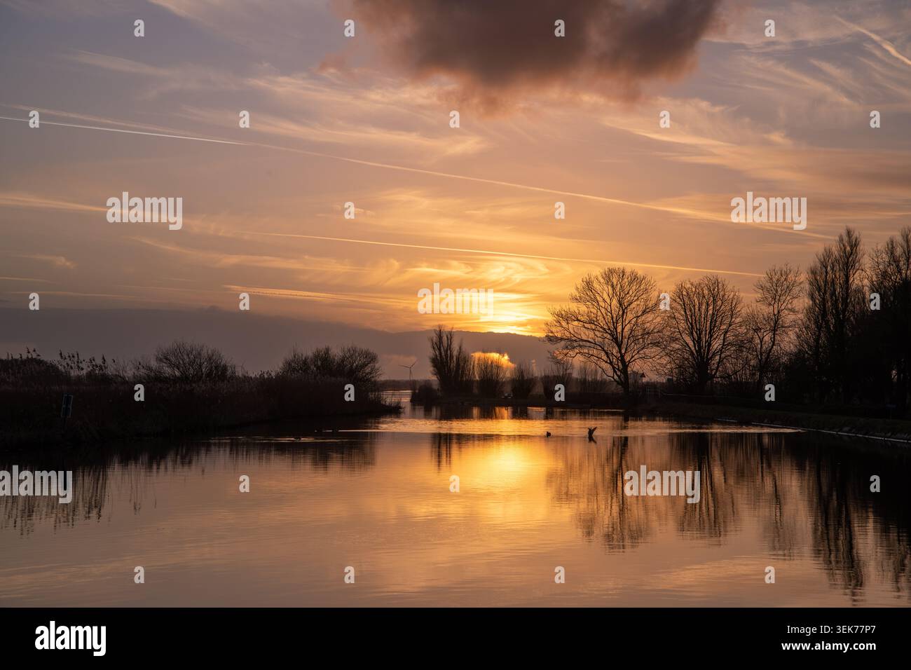 Serene golden hour sunset reflecting on tranquil water with silhouetted ...