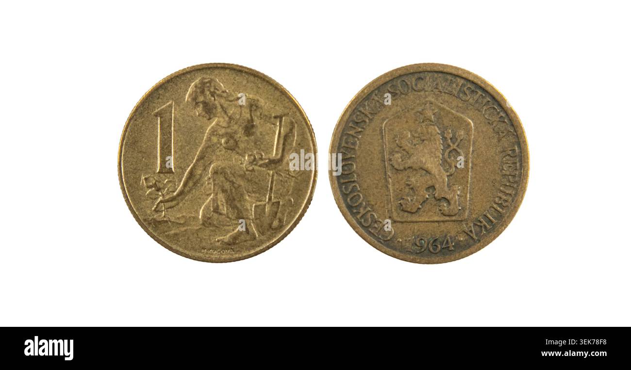 The image shows both sides of a one koruna coin from the Czechoslovak ...