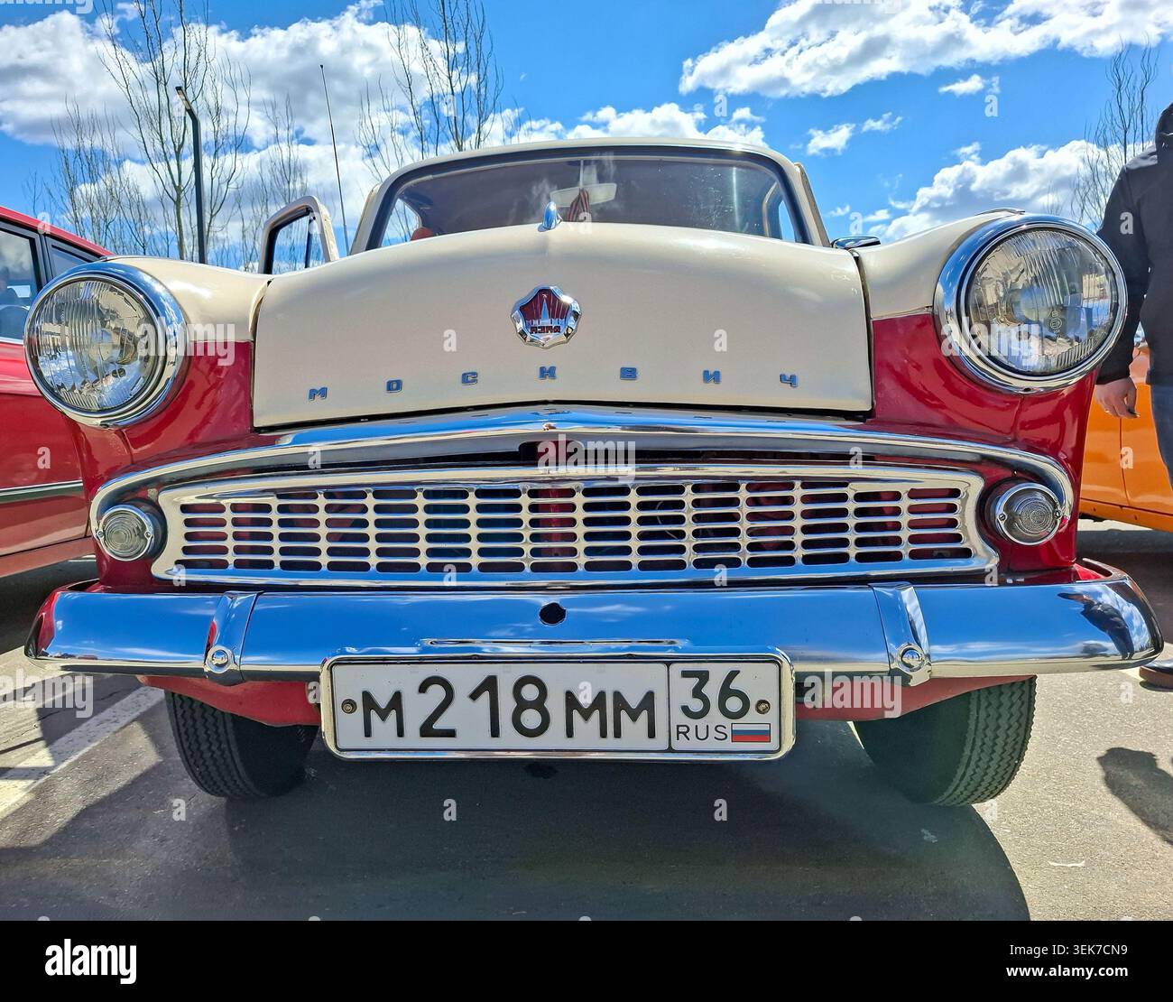 VORONEZH, Russia - April 25, 2026.A restored Moskvitch classic car is ...