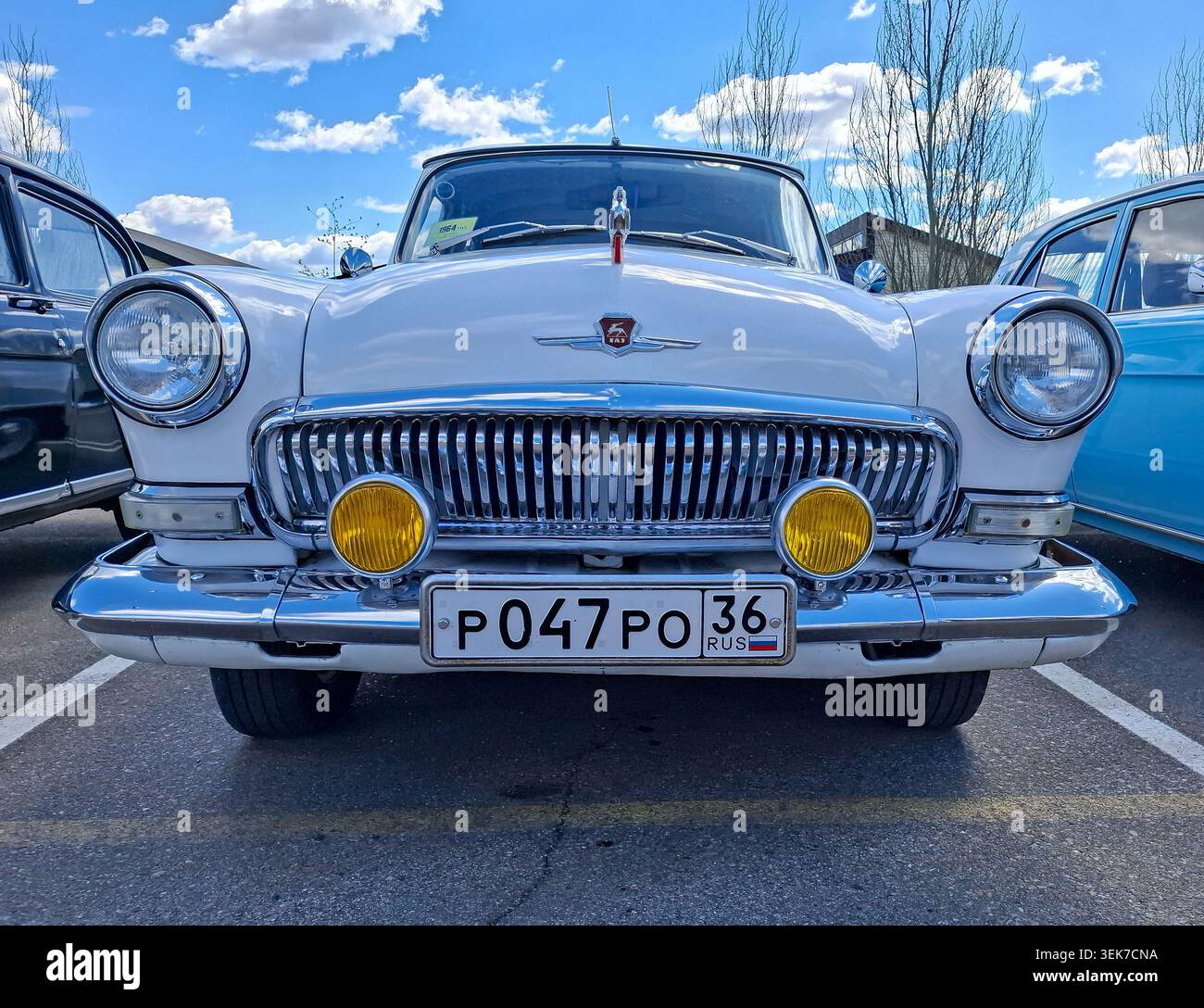 VORONEZH, Russia - April 25, 2026.A classic white Soviet GAZ Volga ...