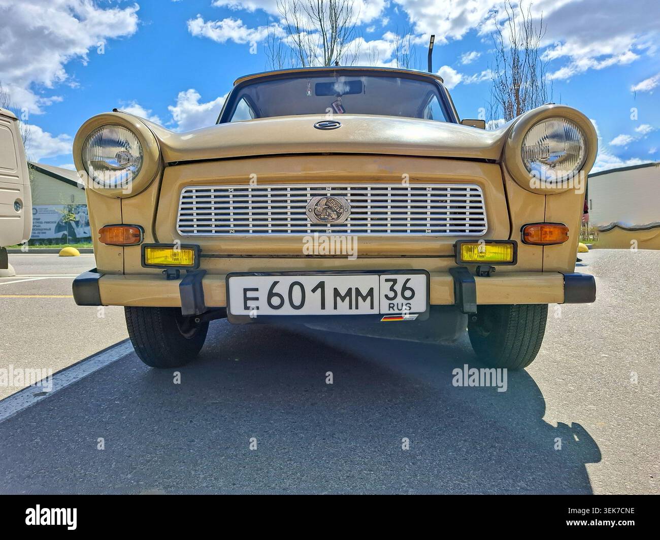 VORONEZH, Russia - April 25, 2026.A beige Trabant stands at a retro car ...