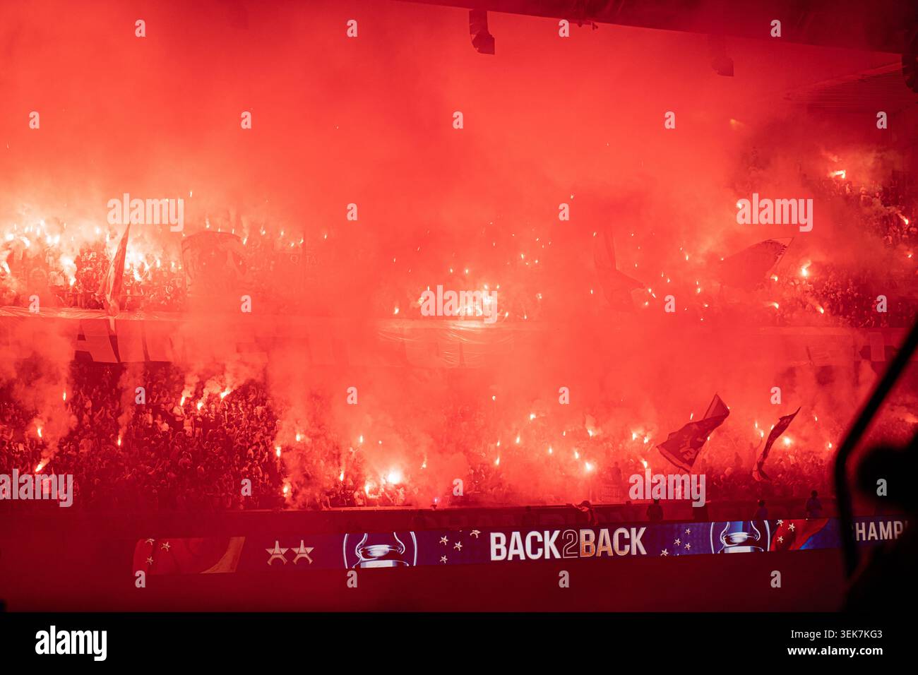 Paris, France, 31 May 2026 – Paris Saint-Germain supporters light red ...