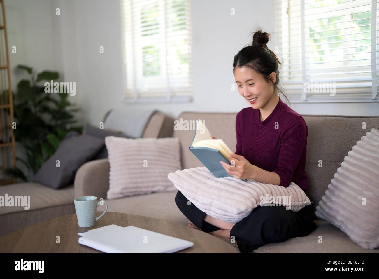 Young Asian woman reading book while sitting on sofa in bright living ...