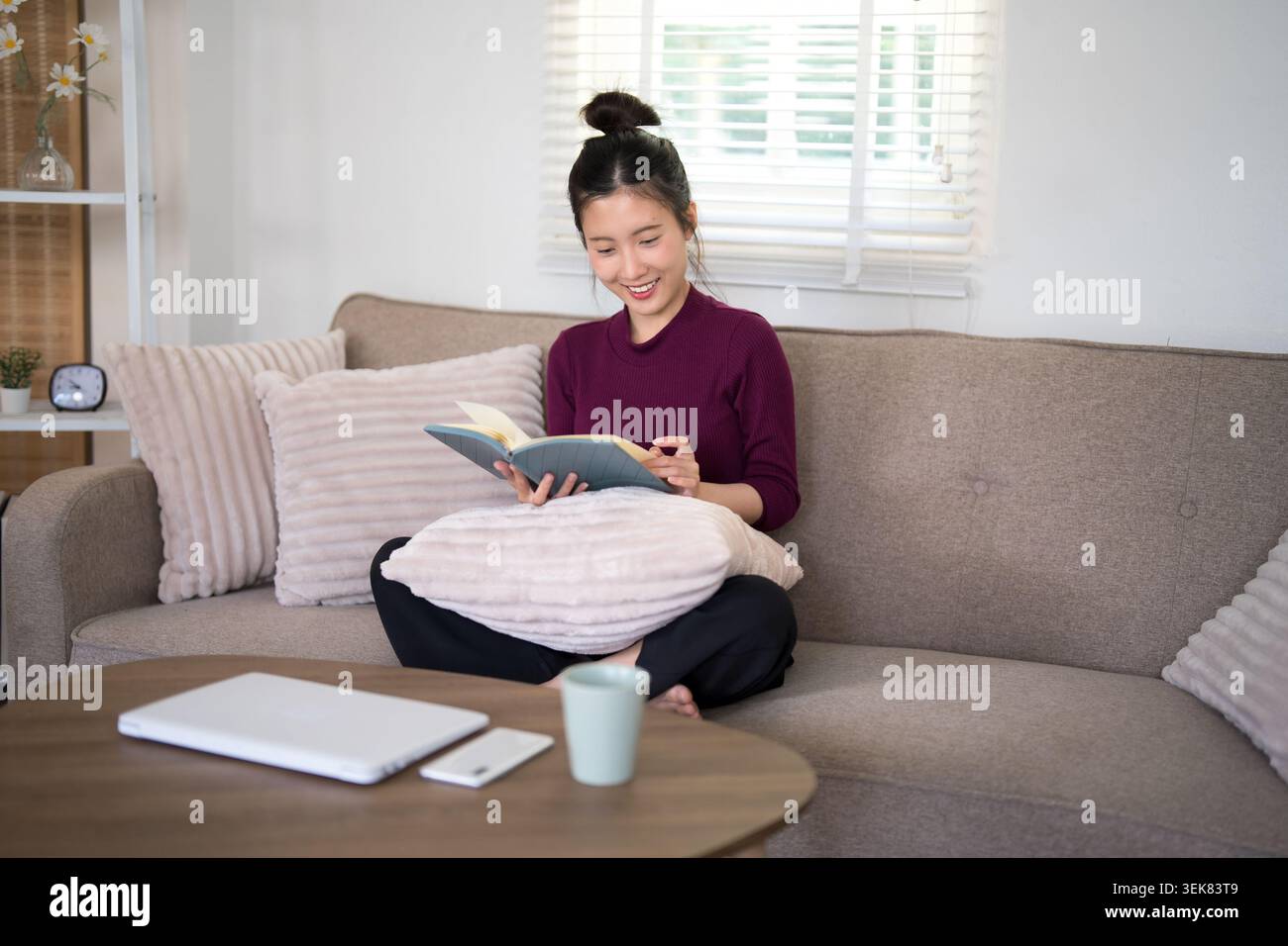 young Asian woman reading book while sitting on sofa at home living ...