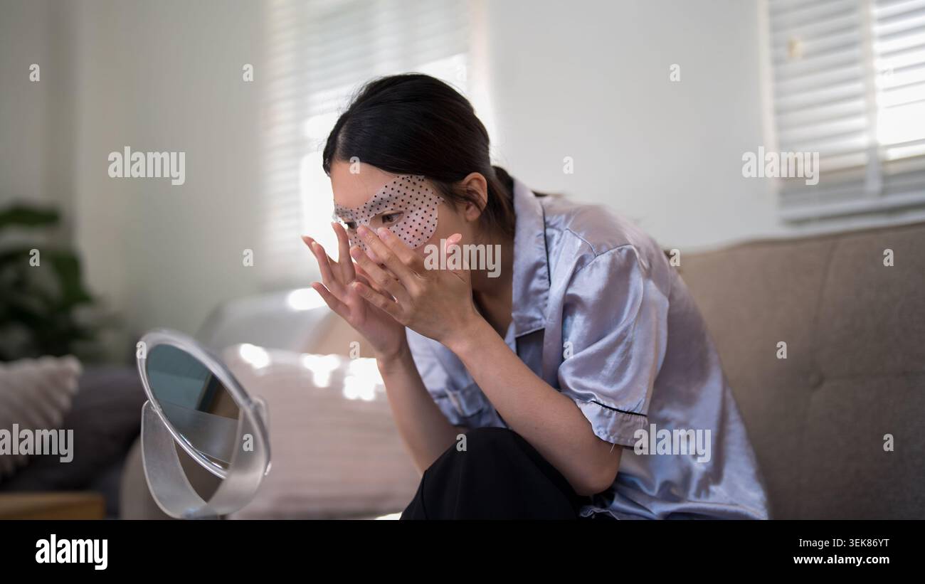 Asian women wearing eye mask for morning skincare wellness treatment at ...
